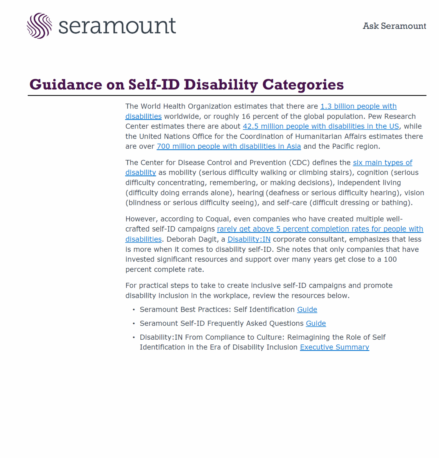 Guidance on Self-ID Disability Categories | Seramount
