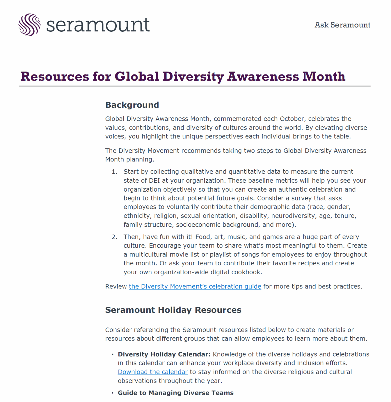 Resources for Global Diversity Awareness Month | Seramount