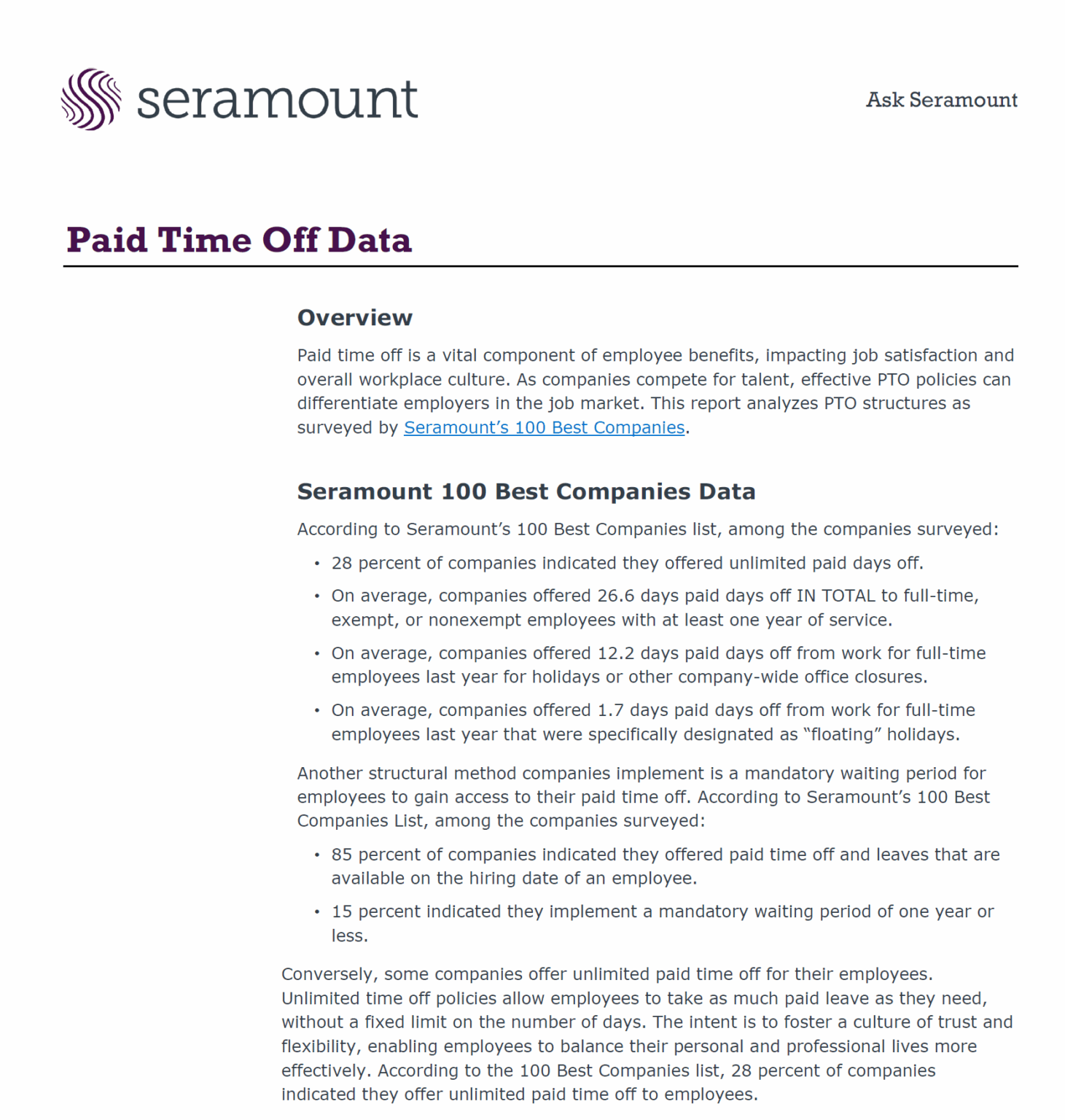 Paid Time Off Data: Trends from Seramount’s 100 Best Companies | Seramount
