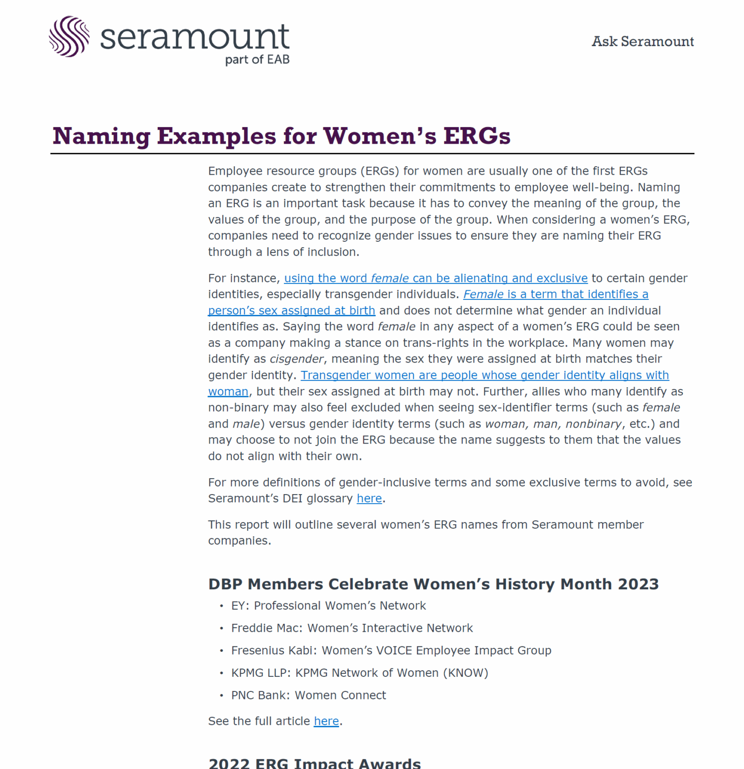 Naming Examples for Women’s Employee Resource Groups | Seramount